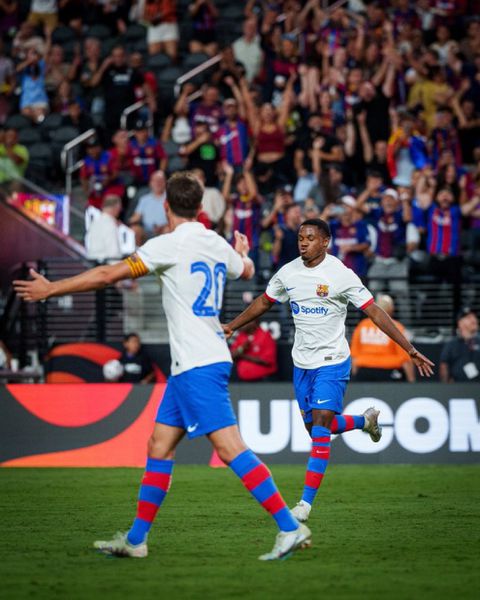 Ansu Fati celebrates with Dembele as Barcelona struggles to beat AC ...