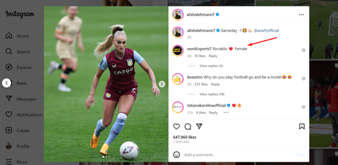 Controversy as fan dubs Alisha Lehmann the 'C Ronaldo' of female ...