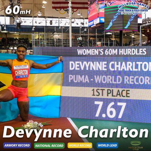 [WATCH] Devynne Charlton storms to new 60m Hurdles WORLD RECORD of 7.67s at Millrose Games ...