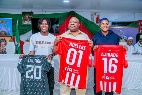 Super Falcons: Ajibade, Imuran gift Osun State Governor Adeleke jerseys