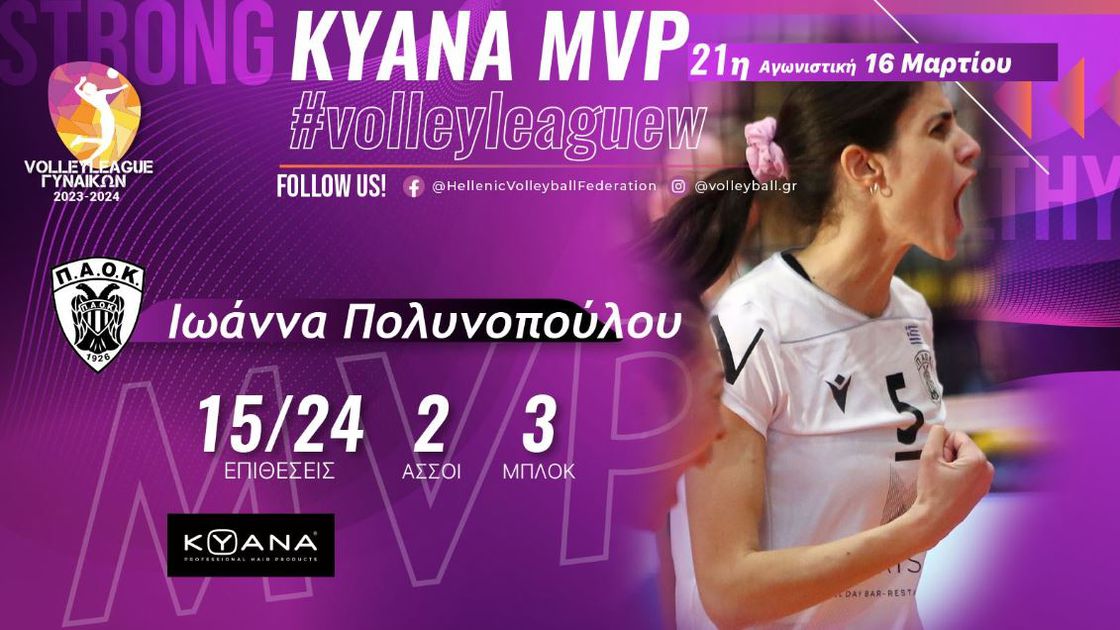 Volleyleague γυναικών: Η Ιωάννα Πολυνοπούλου MVP της 21ης αγωνιστικής της Volleyleague γυναικών ...