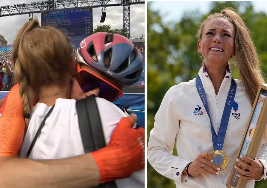 Gouden vriendin valt Nederlandse wielrenner na de finish in Parijs in ...